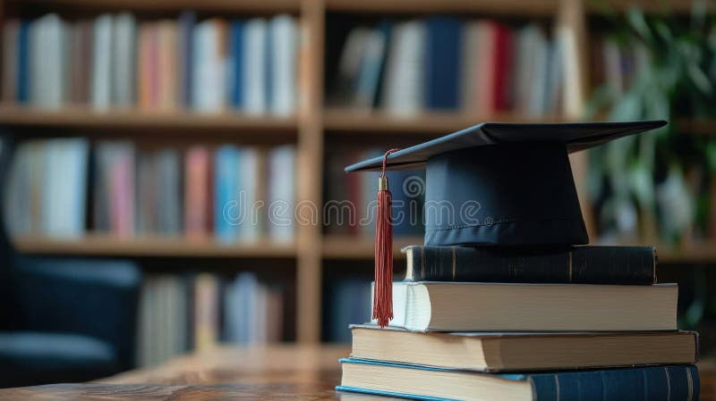 Graduation Cap on Stacked Books in Cozy Library Setting Stock ...