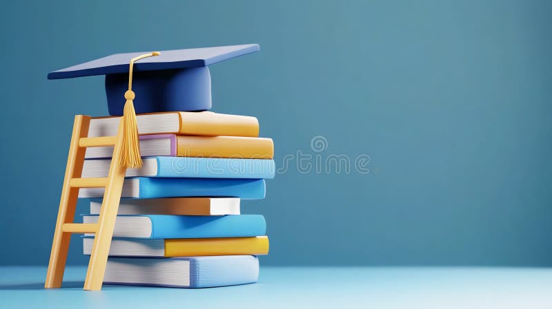 Graduation Cap on Stacked Books with Ladder, Blue Background Stock ...