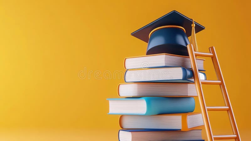 Graduation Cap on Stacked Books with a Ladder on a Bright Yellow ...