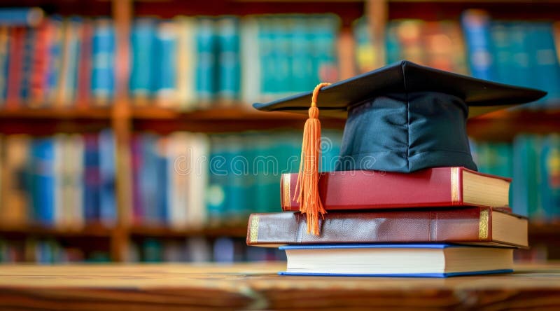 Graduation Cap on Stacked Books in Library. Generative Ai Stock ... Graduation Cap on Stacked Books in Library. Generative Ai Stock ...