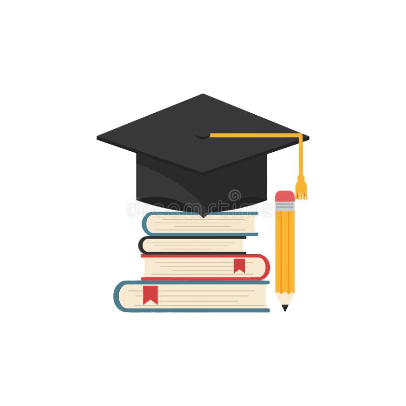 Graduation Cap on Stacked Books with Pencil Flat Vector Illustration ...
