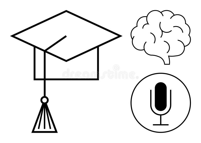 Graduation Cap, Brain, and Microphone Representing Education, Knowledge ...