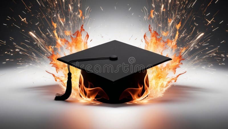 Graduation Cap Surrounded by Fire and Sparks. Stock Image - Image of ...