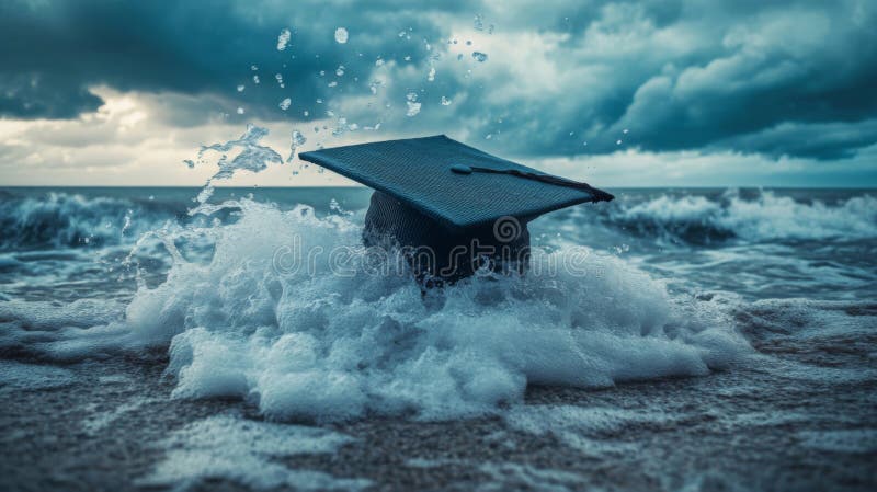 Graduation Cap Surrounded by Ocean Waves Stock Illustration ...