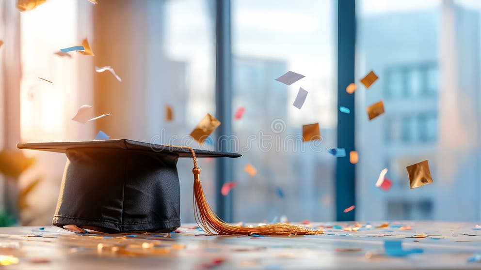 Graduation Cap with Tassel Amidst Falling Confetti in Bright ...