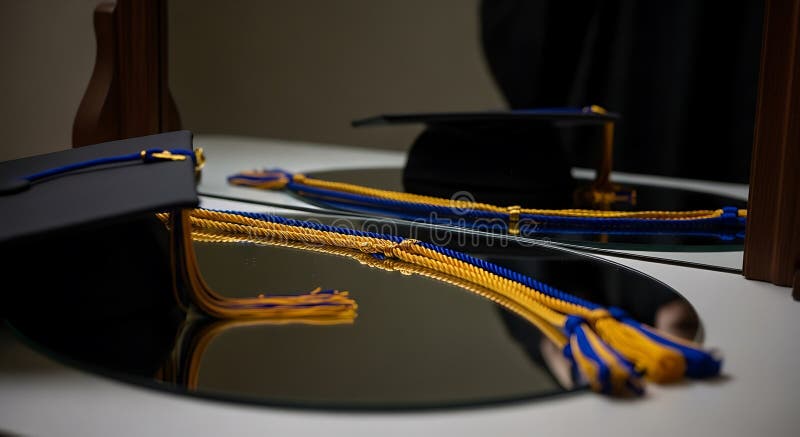 Graduation Cap and Tassel Reflection in Mirror Preparation for Ceremony ...