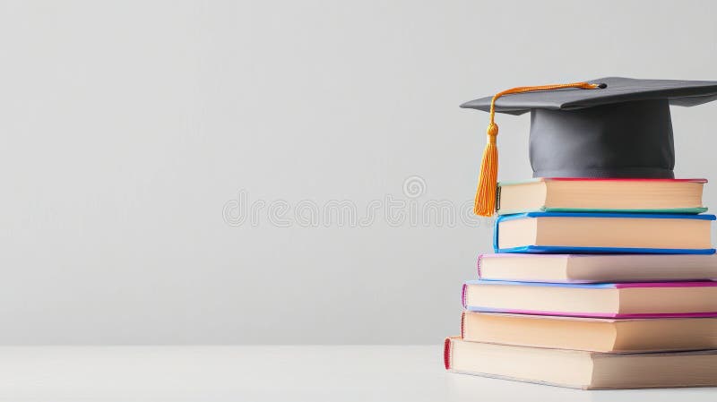 A Graduation Cap Sits Atop a Stack of Colorful Books on a Simple ...