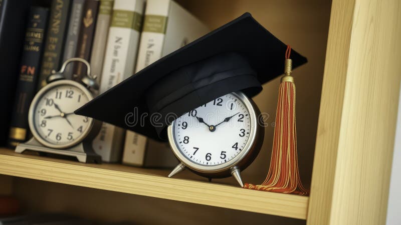 A Graduation Cap with Tassel Rests beside a Vintage Clock on a ...