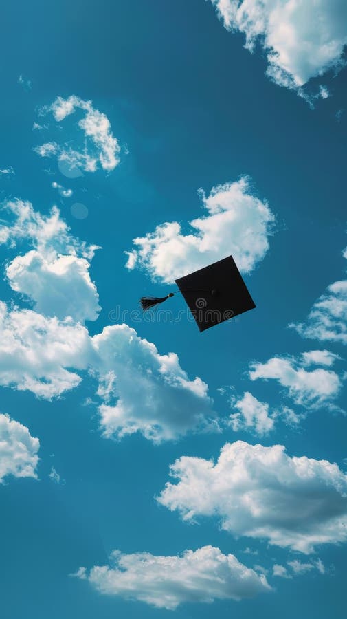 Graduation Cap Thrown in the Air Under Blue Sky with Clouds ...
