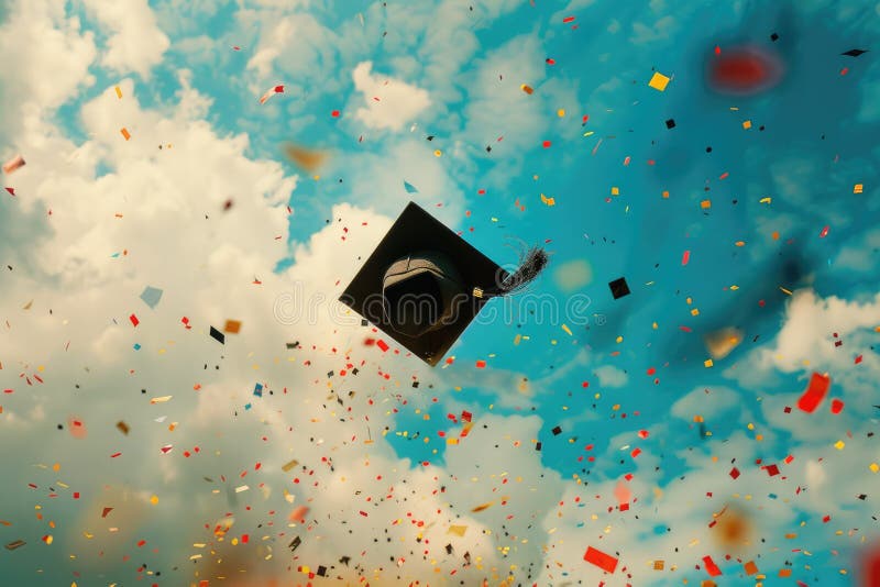Graduation Cap Thrown into the Sky among Confetti. AI-generated Content ...