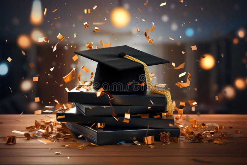 A Graduation Cap on Top of Books and Colorful Confetti Stock Photo ...