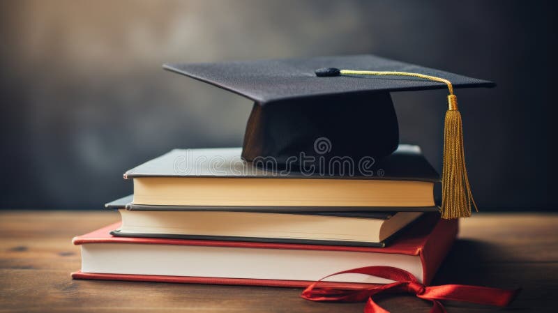 Graduation Cap on Top of Books with Red Ribbon, AI Stock Image - Image ...