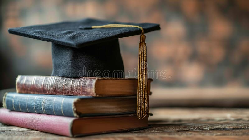 A Graduation Cap on Top of a Stack of Books Against a Brown Wall ...