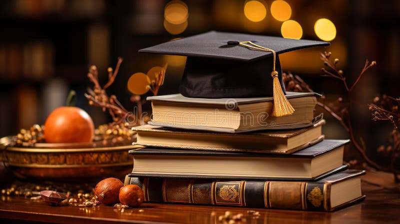A Graduation Cap on Top of a Stack of Books Against a Brown Wall ...