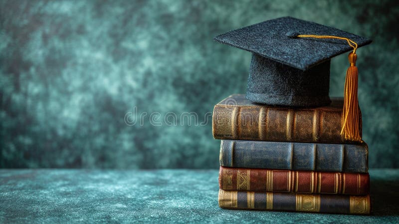 A Graduation Cap on Top of a Stack of Books Against a Green Wall. AI ...