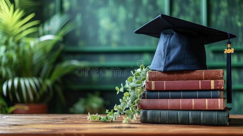 A Graduation Cap on Top of a Stack of Books Against a Green Wall. AI ...