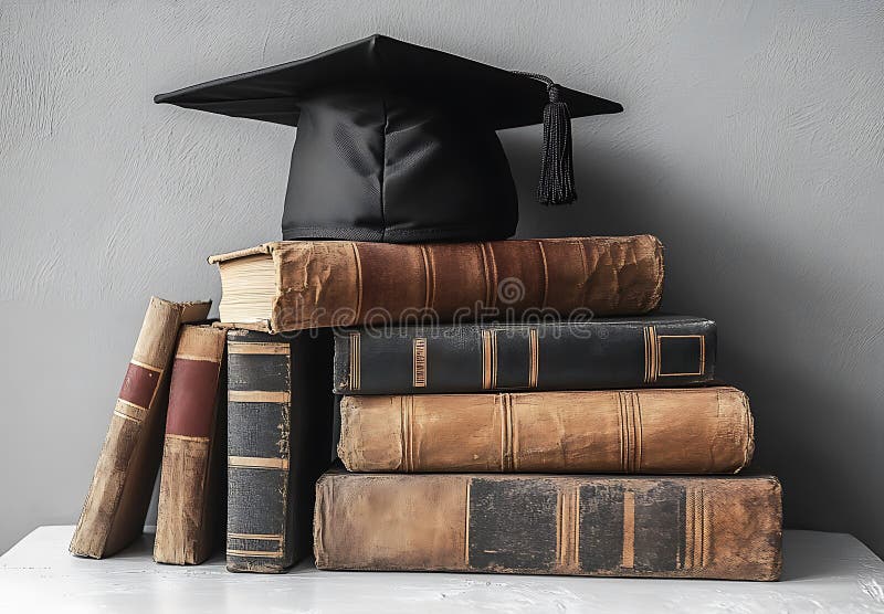 Graduation Cap Topping a Stack of Vintage Books Representing Academic ...