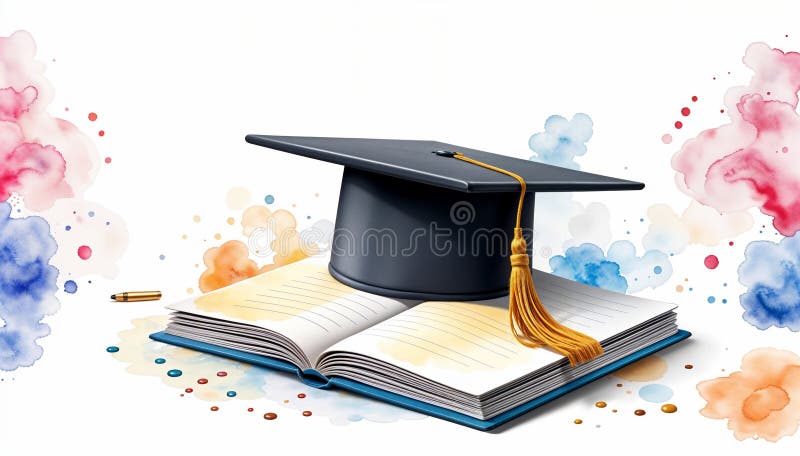 Graduation Cap on Watercolor Notebook Stock Illustration - Illustration ...