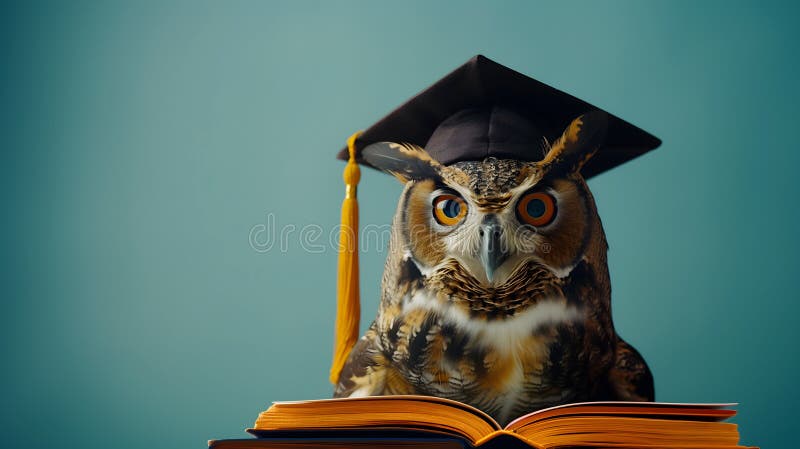 Graduation Cap-wearing Owl with an Open Book on a Teal Colour Backdrop ...