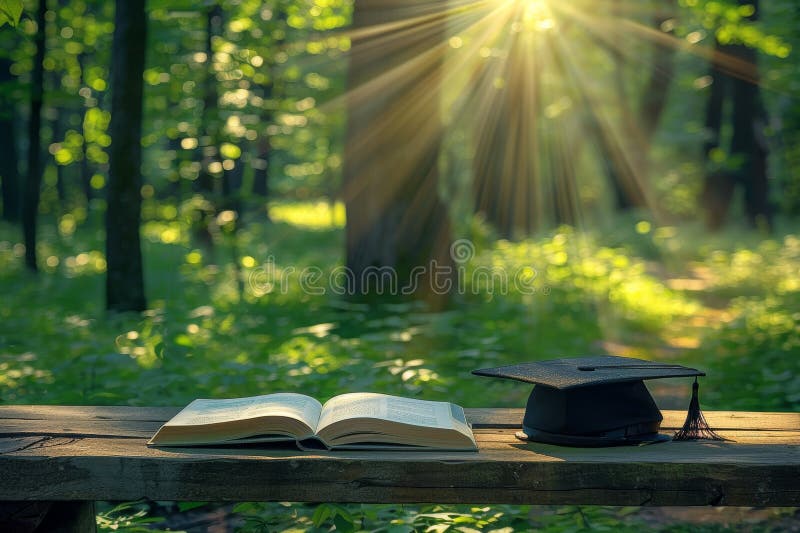 Graduation Cap on White Book Displayed on Rustic Table in Lush Forest ...