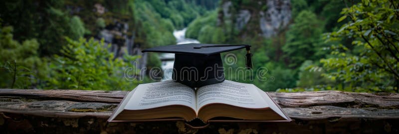 Graduation Cap on White Book Placed on Rustic Wooden Table Against Lush ...