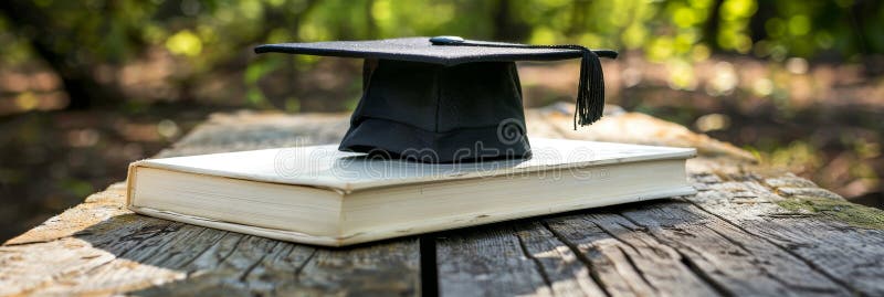 Graduation Cap on White Book Symbol of Achievement on Rustic Wooden ...