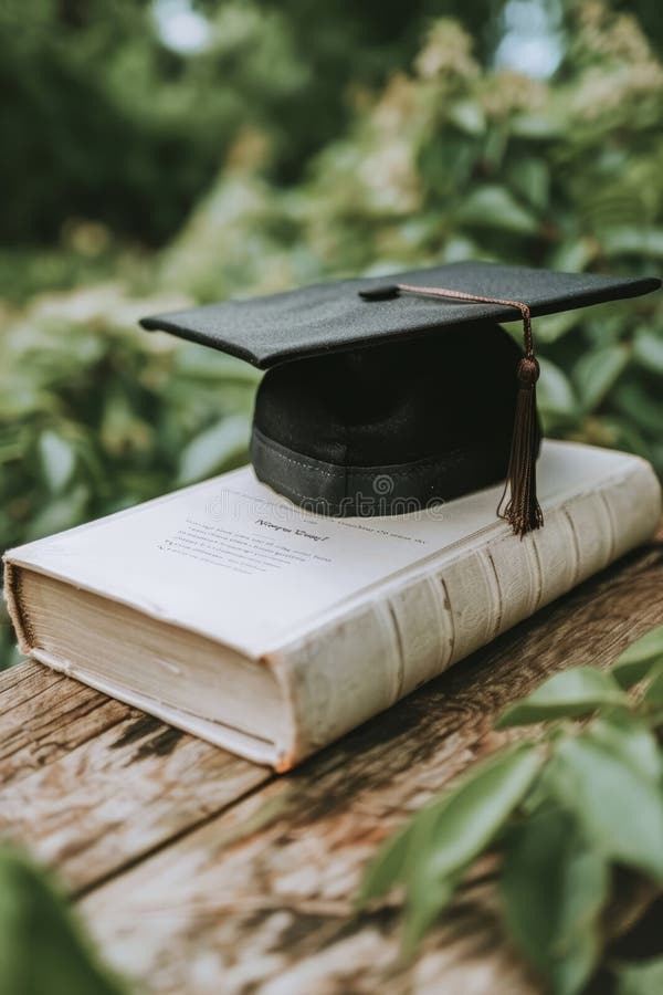 Graduation Cap on White Book Symbol of Achievement on Wooden Table in ...
