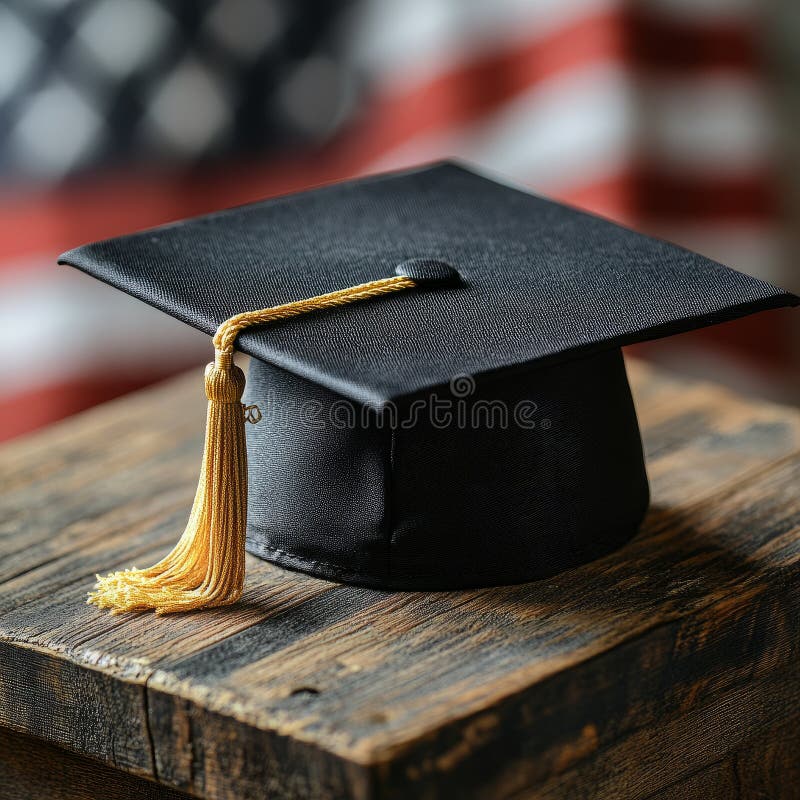 Graduation Cap on a Wooden Table with American Flag Backdrop. Stock ...
