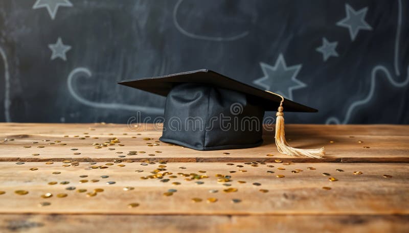 Graduation Cap on Wooden Table with Confetti Stock Illustration ...