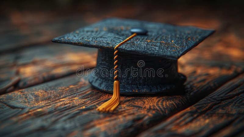 Graduation Cap on a Wooden Table with Warm Lighting, Academic ...