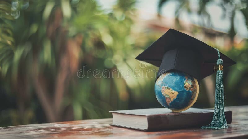 Graduation Cap with World Globe on Text Book. Graduate Study Abroad ...
