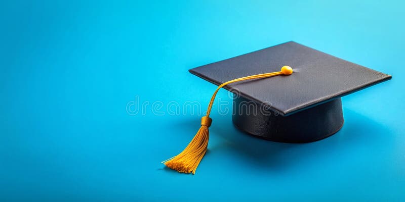 Graduation Cap with Yellow Tassel on Blue Background Education Concept ...