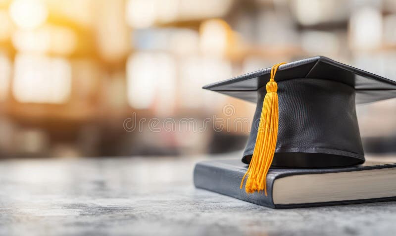 Graduation Cap with Yellow Tassel on a Book in Library Setting Stock ...