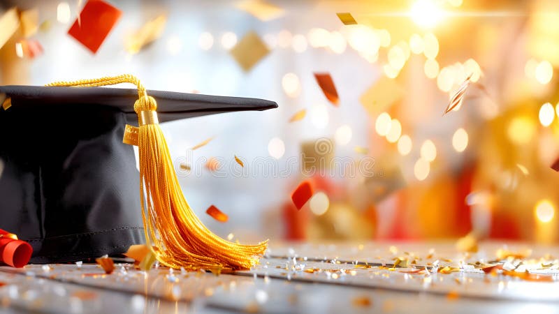 Graduation Cap with Yellow Tassel and Confetti in Bright Celebration ...