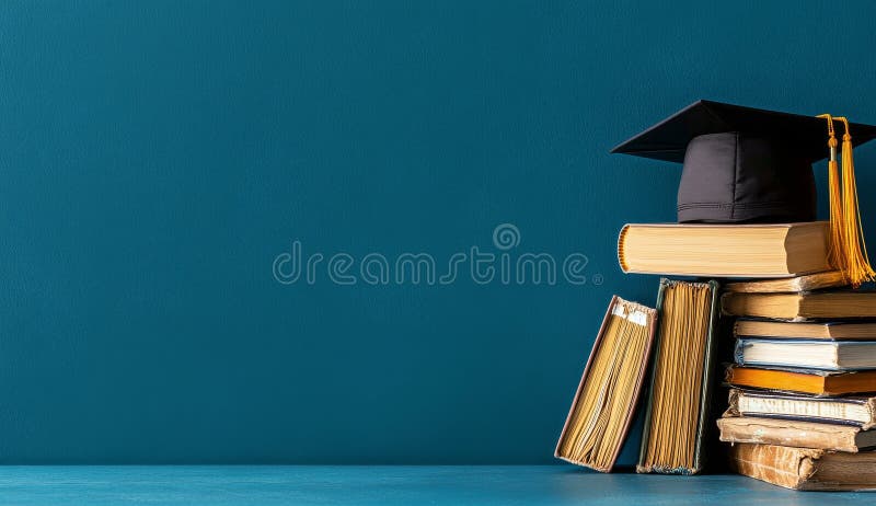Graduation Cap Resting on a Stack of Books Against a Teal Background in ...
