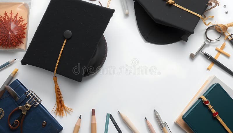 Graduation Caps and Art Supplies Lay Flat on White Surface Stock ...