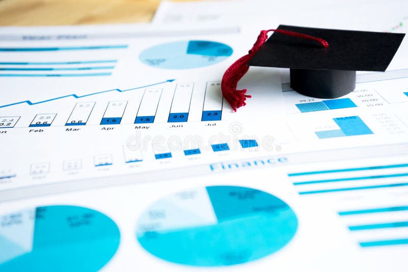 A Graduation Caps on Blue Graphs and Charts Printed Stock Photo - Image ...
