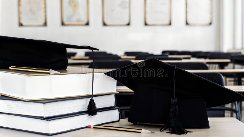 Graduation Caps on Books in Classroom Stock Illustration - Illustration ...