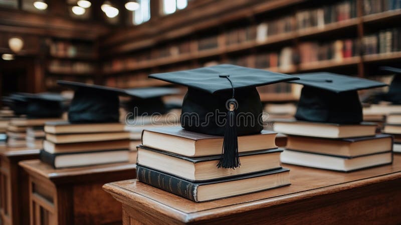 Graduation Caps on Books in a Library Stock Illustration - Illustration ...