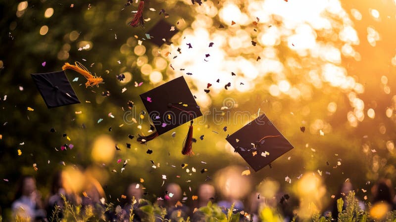 Graduation Caps and Confetti Amidst a Forest Setting in Celebration ...