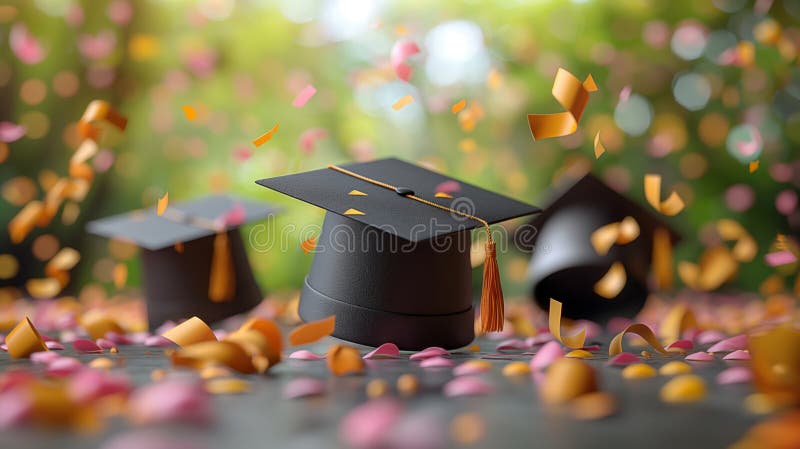 Graduation Caps with Confetti Fall in a Serene, Bokeh-light-filled ...