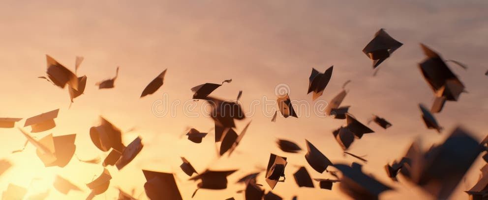 The Graduation Caps Flying Joyfully into the Sunset Sky during a ...