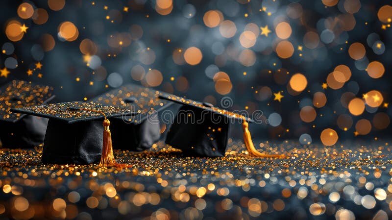 Graduation Cap and Gold Stars on Black Background Stock Photo - Image ...