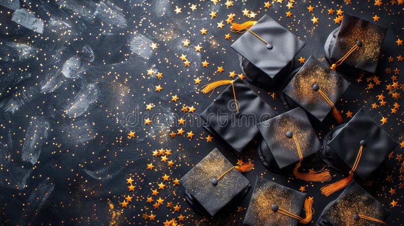 Graduation Cap and Gold Stars on Black Background Stock Photo - Image ...