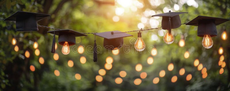 Graduation Caps and Light Bulbs Hanging on a String in Outdoor Setting ...