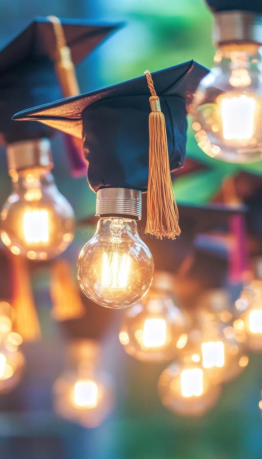 Graduation Caps and Light Bulbs Symbolizing Education, Knowledge, and ...