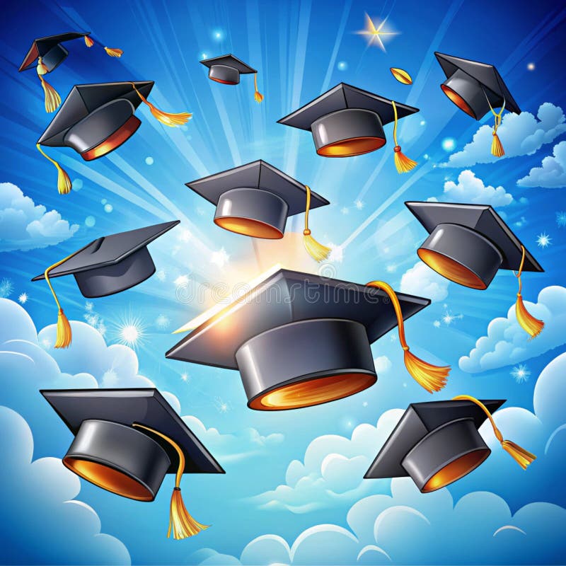 Graduation Caps Soaring in the Sky Stock Illustration - Illustration of ...