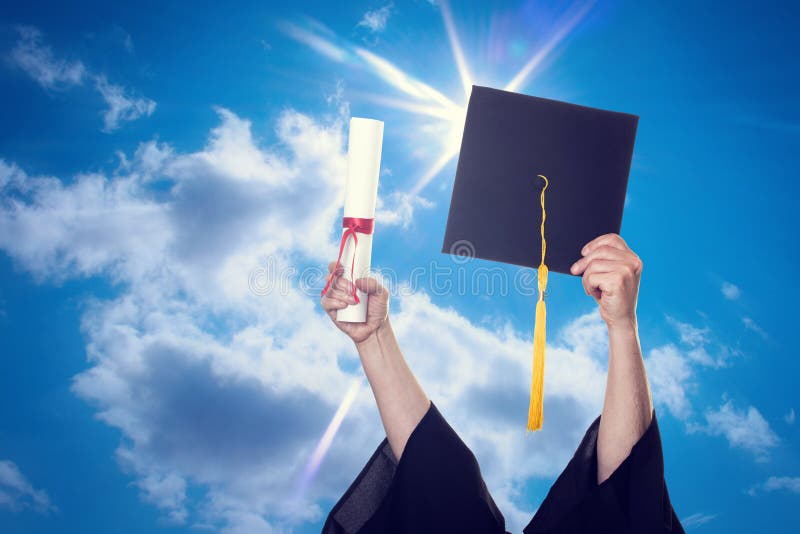 Graduation Caps Thrown In The Air Stock Image - Image of diploma, gown ...