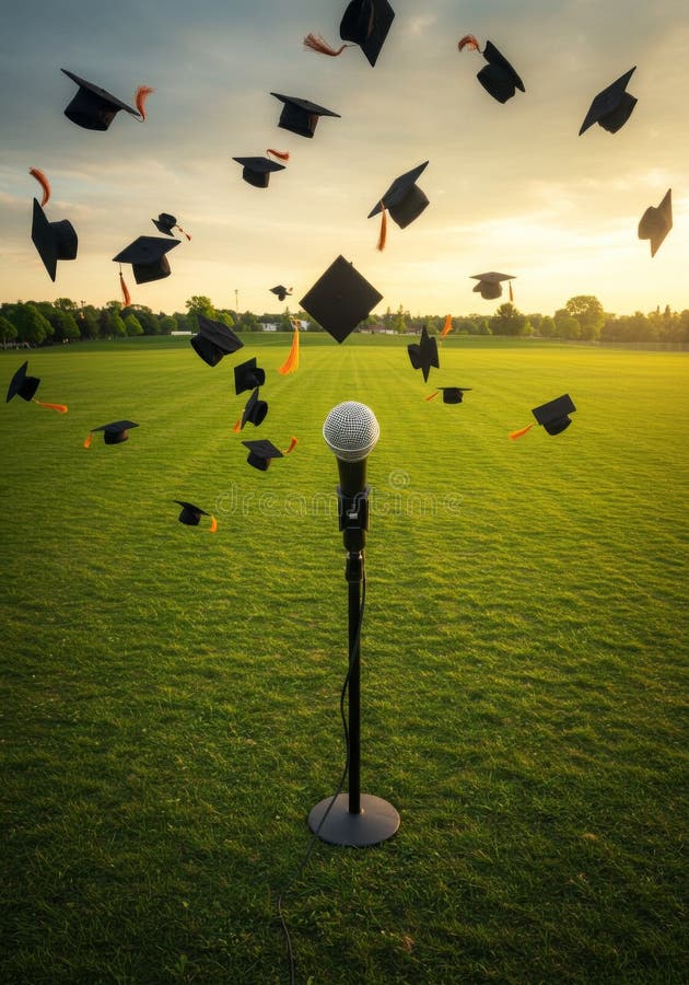 Graduation Caps Tossed High at Sunset Ceremony Stock Illustration ...