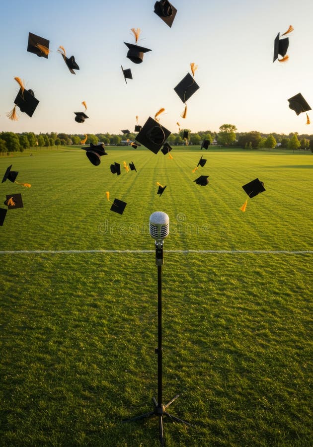 Graduation Caps Tossed Over Microphone on Green Field Stock ...